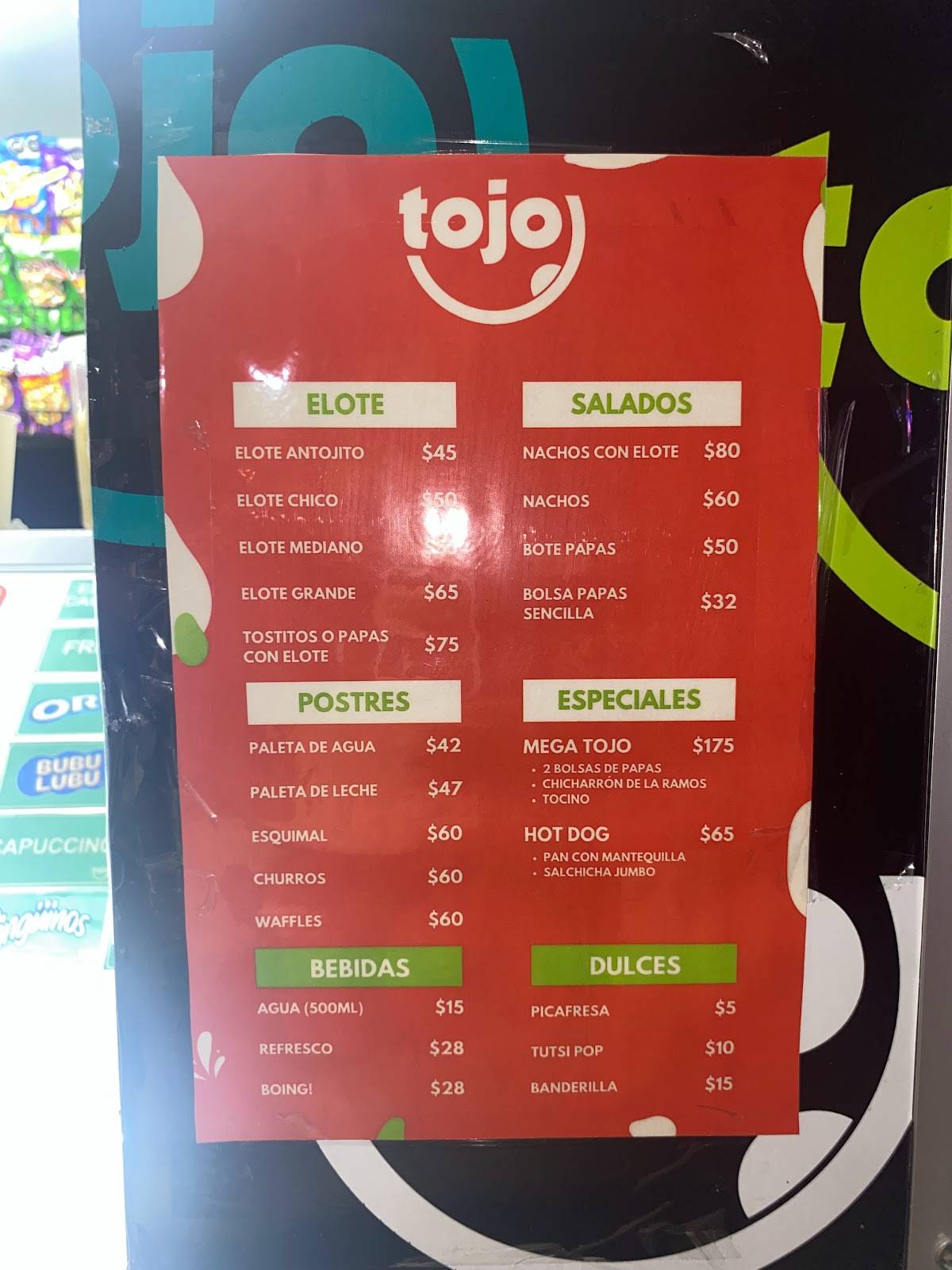 Menu at Tojo restaurant, Monterrey