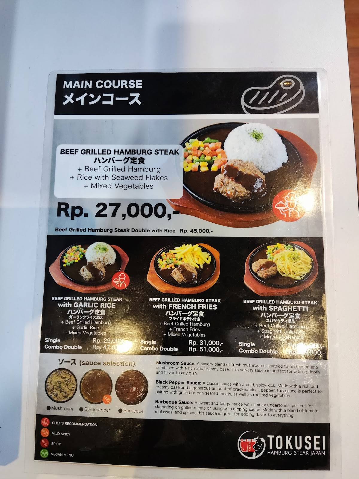 Menu at Tokusei Greenville restaurant, West Jakarta