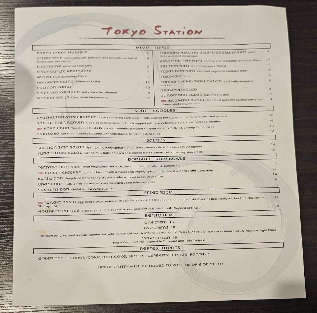 Menu at Tokyo Station restaurant, West Covina