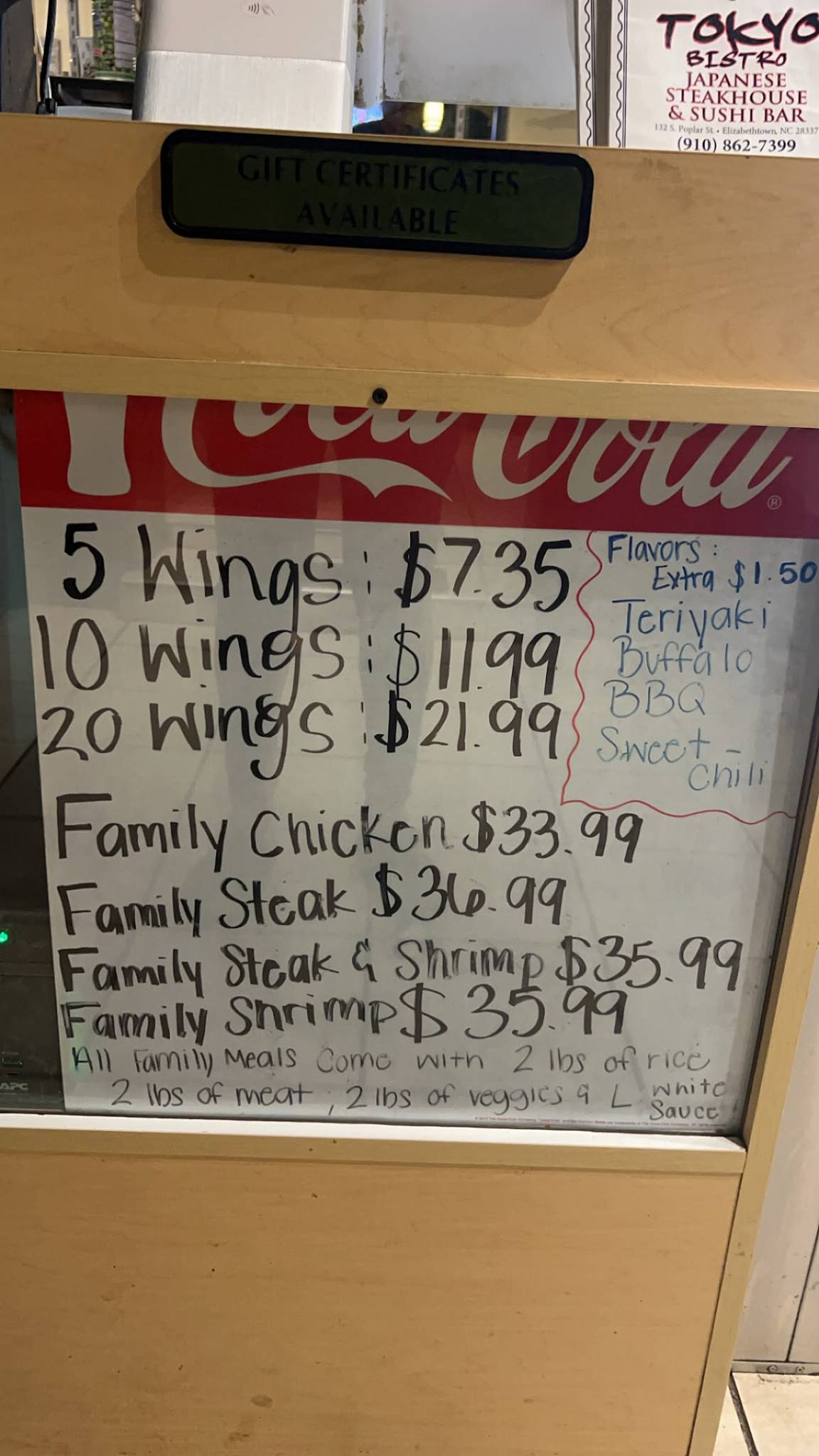 Menu at Tokyo bistro restaurant, Elizabethtown