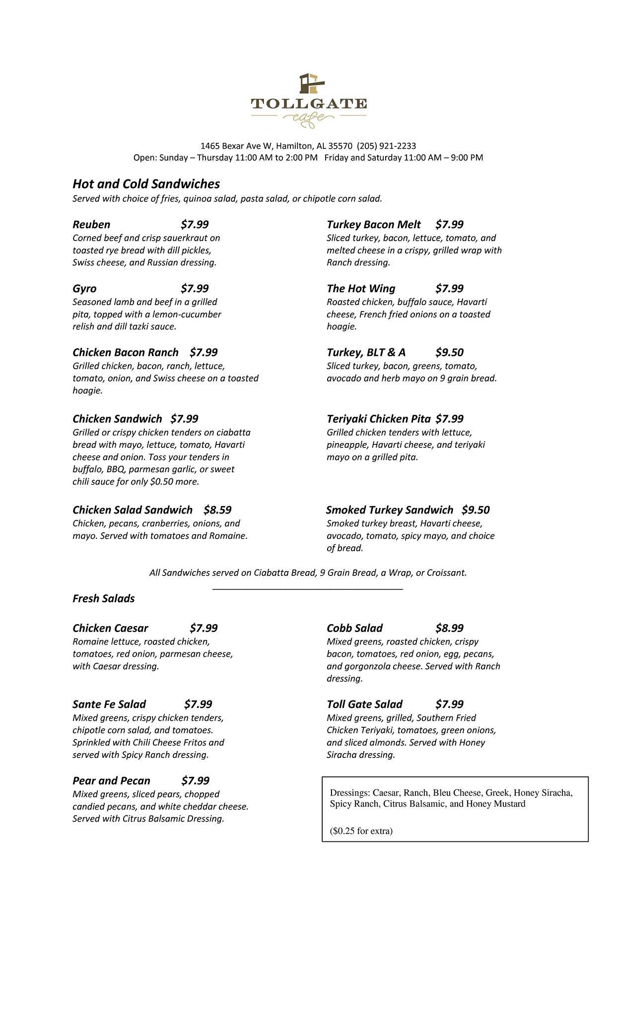 Menu at Toll Gate Cafe, Hamilton, 224 1st Ave SW