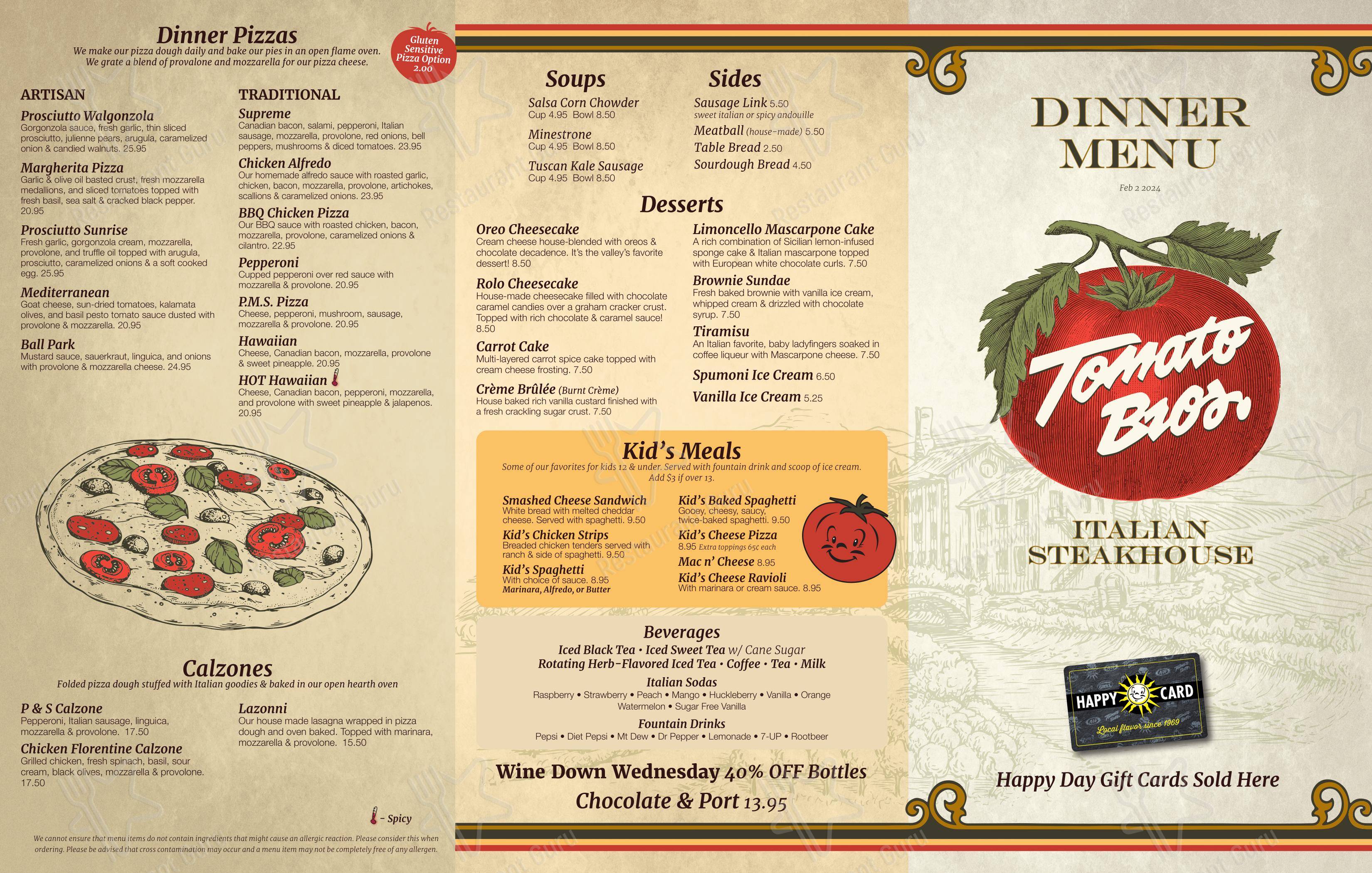 Menu at Tomato Bros steakhouse, Clarkston