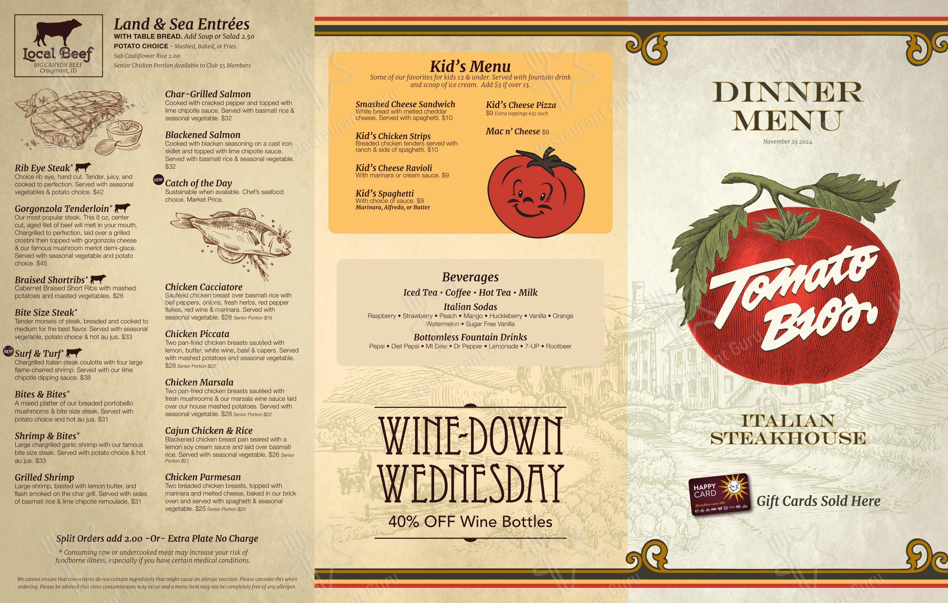 Menu at Tomato Bros steakhouse, Clarkston