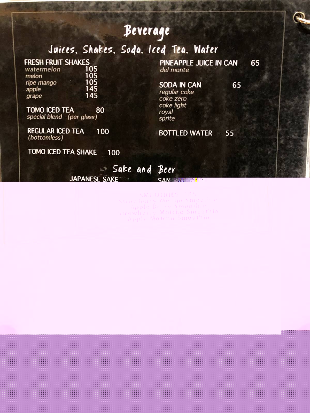 Menu at Tomo Japanese Dining restaurant, San Juan