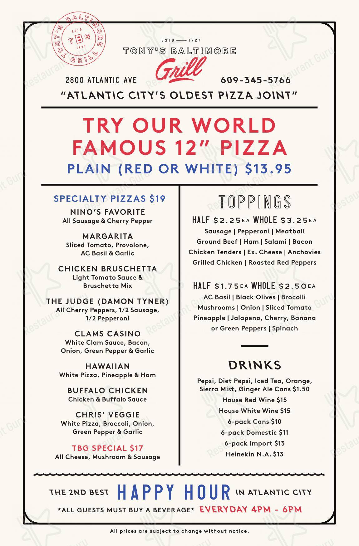 Menu at Tony's Baltimore Grill pub & bar, Atlantic City, Atlantic Ave