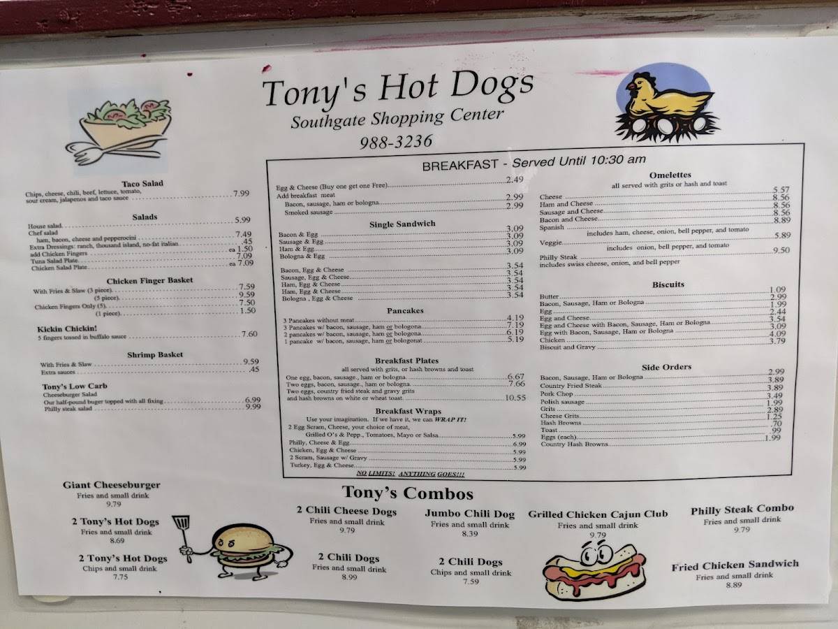 Menu at Tony's Hot Dogs restaurant, Birmingham