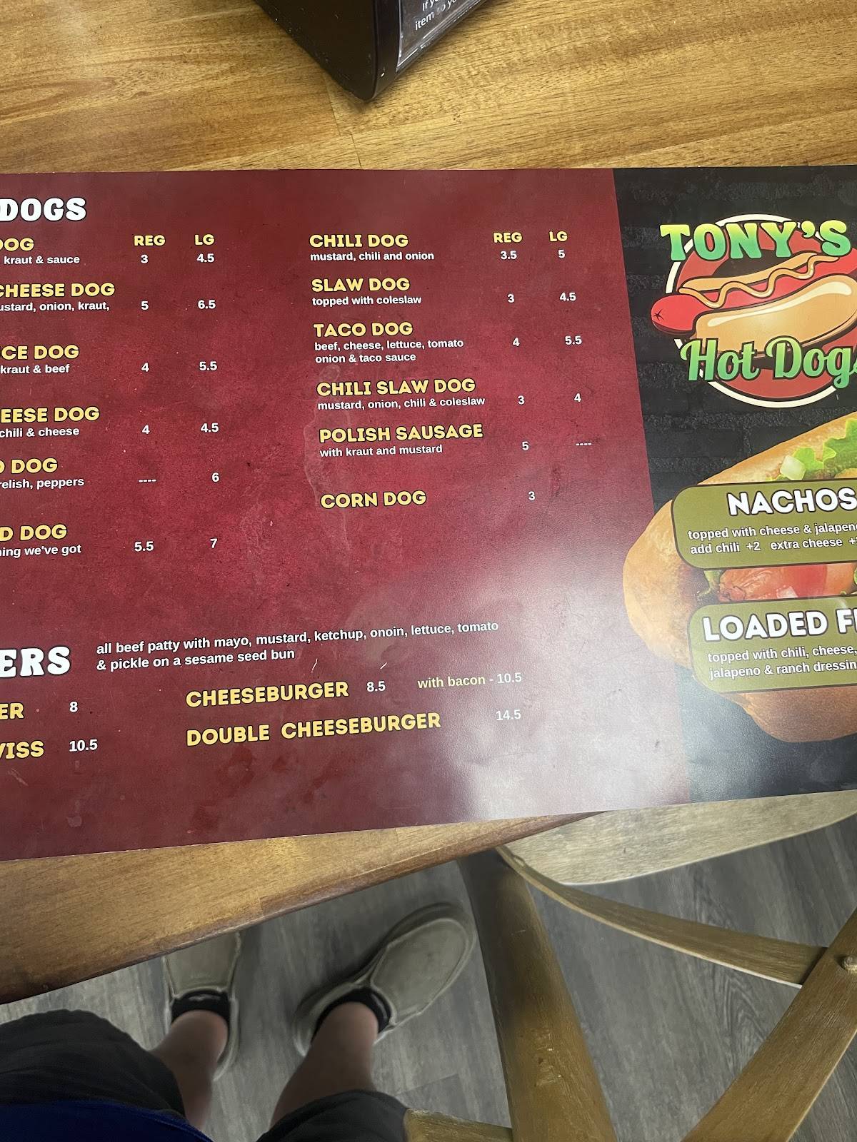 Menu at Tony's Hot Dogs restaurant, Birmingham