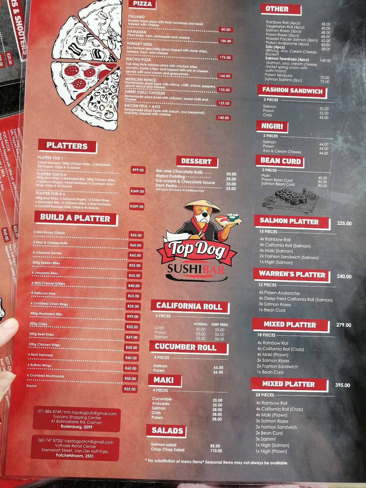 Menu at Top Dog Pub n Grill Potchefstroom, Potchefstroom