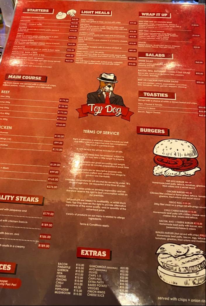 Menu at Top Dog Pub n Grill Potchefstroom, Potchefstroom