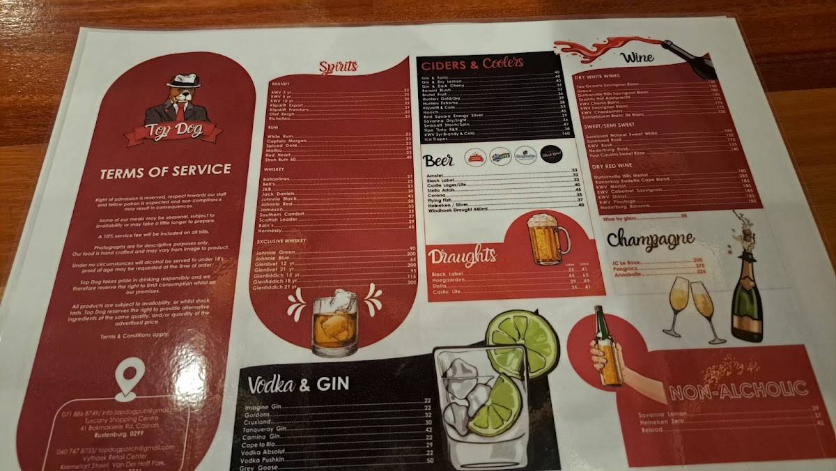 Menu at Top Dog Pub n Grill Potchefstroom, Potchefstroom