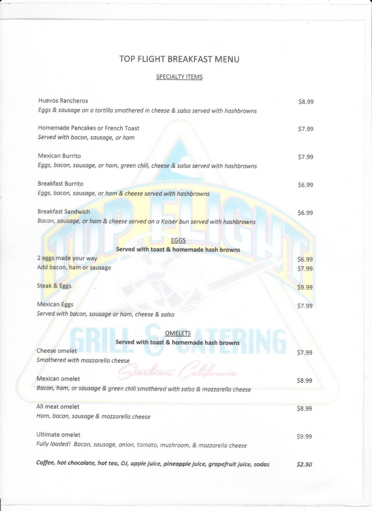 Menu at Top Flight Grill & Catering fast food, Stockton