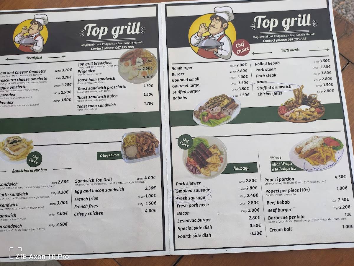 Menu at Top Grill restaurant, Montenegro