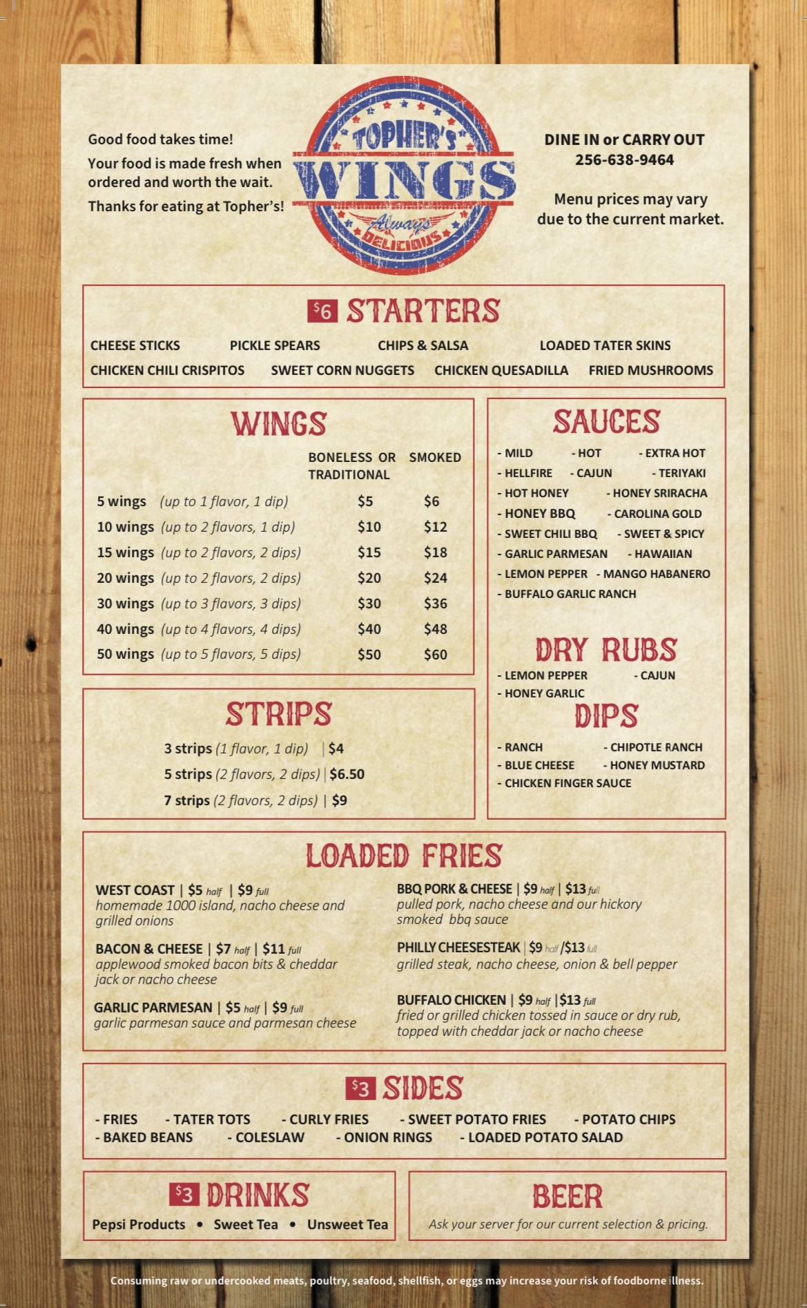 Menu at Topher's Wings restaurant, Rainsville