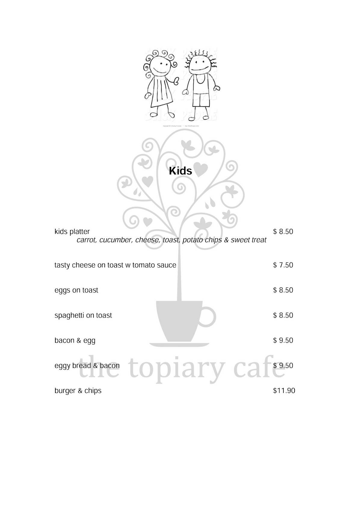 Menu at Topiary Café cafe, Mosgiel