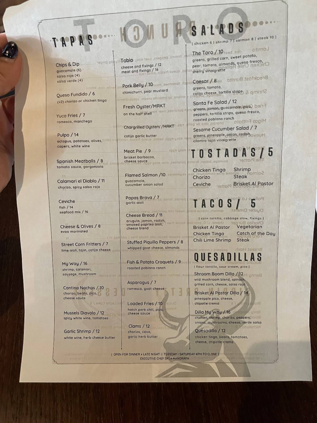 Menu at Toro restaurant, Bowling Green