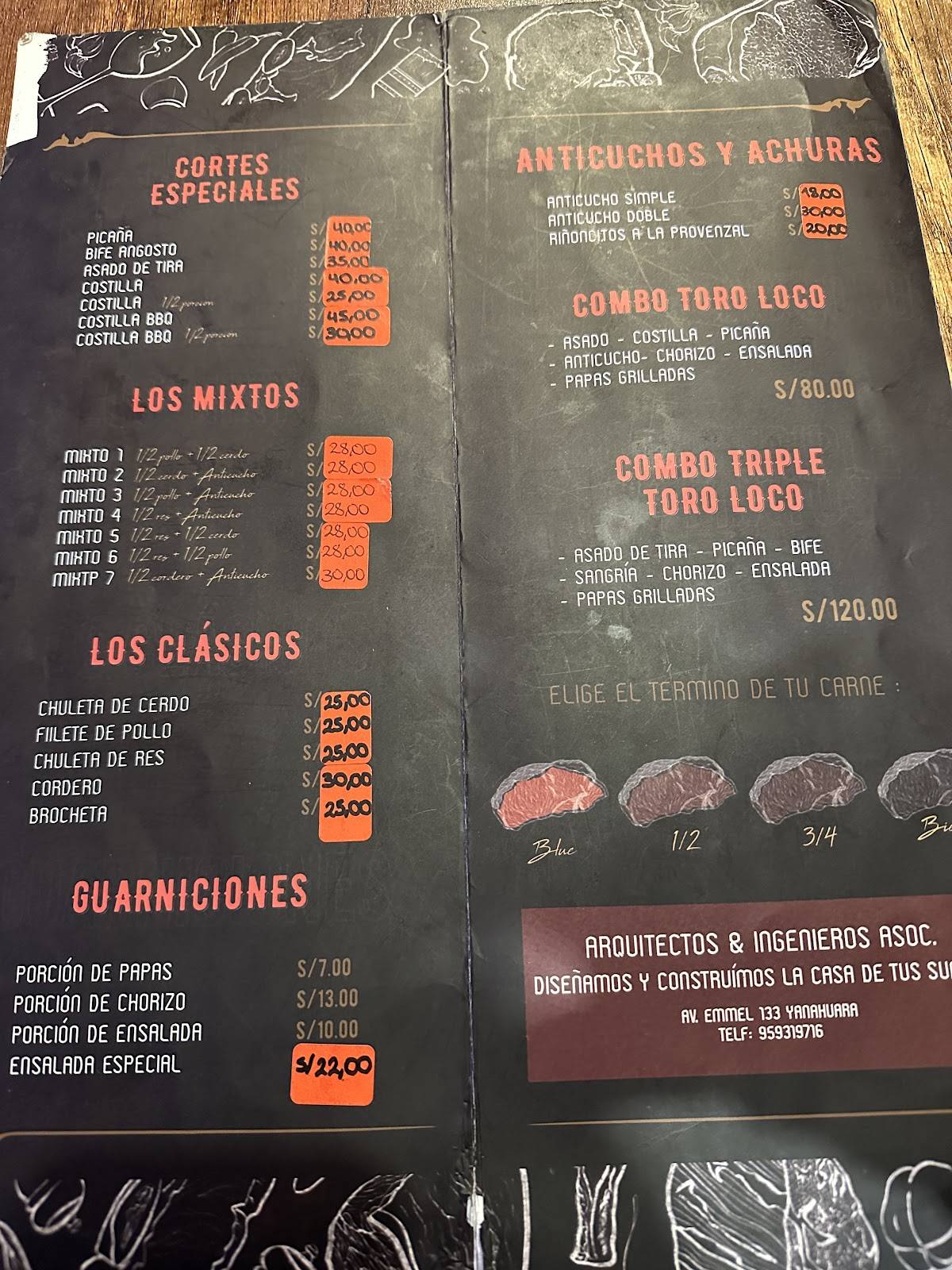 Carta de Toro Loco "Grill & Bar" (Av.EEUU), Peru