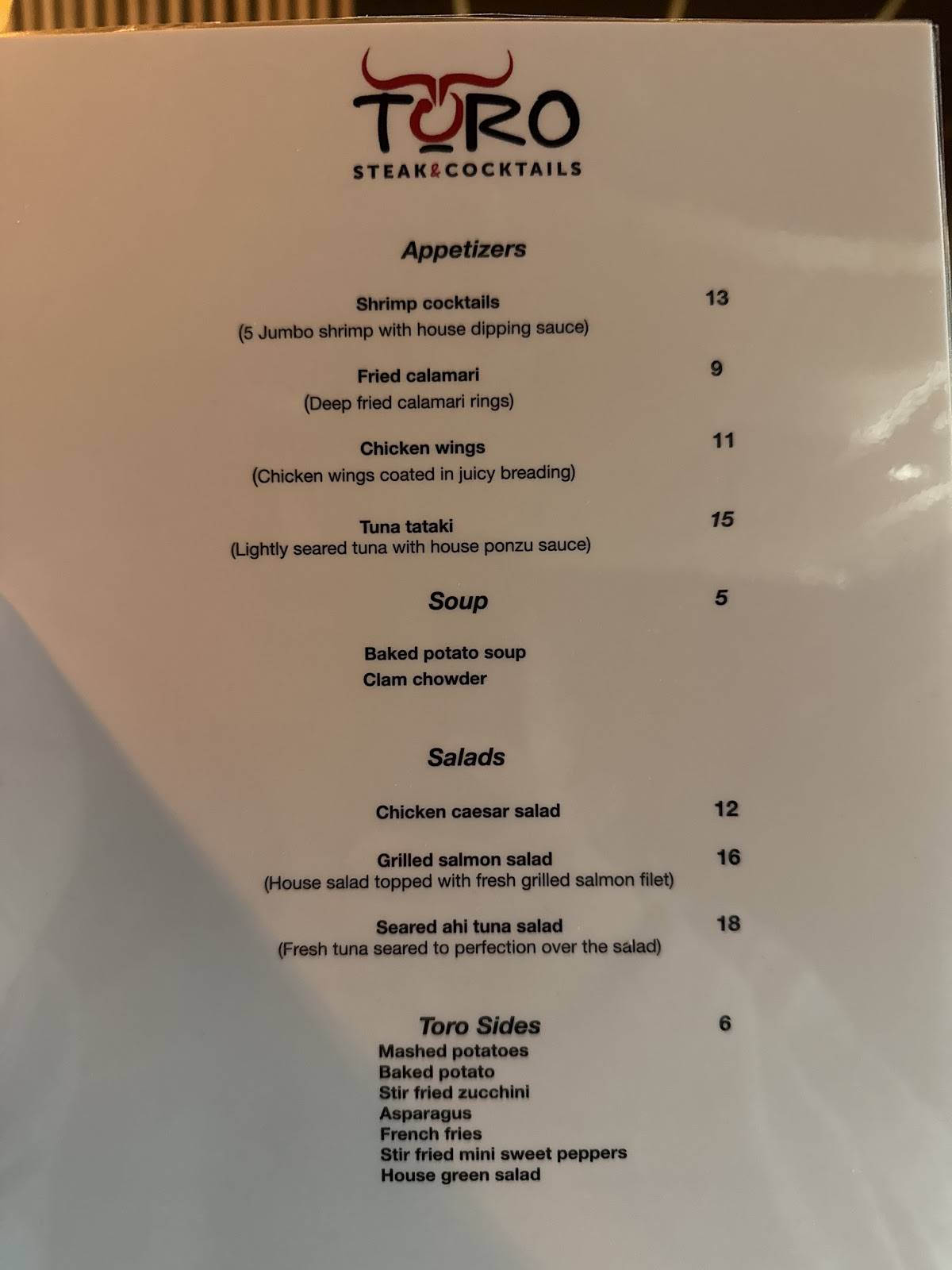 Menu at Toro Steak and Cocktails pub & bar, South Jordan