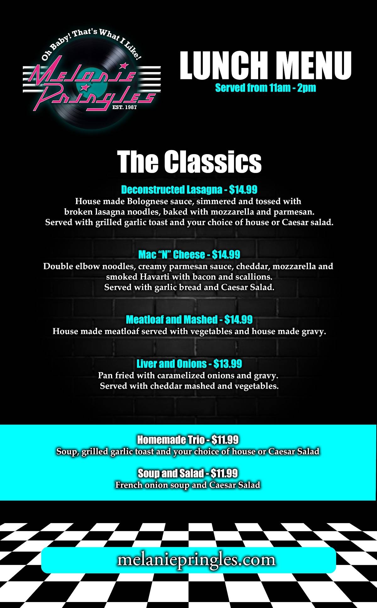 Menu at Melanie Pringles Restaurant, Whitby
