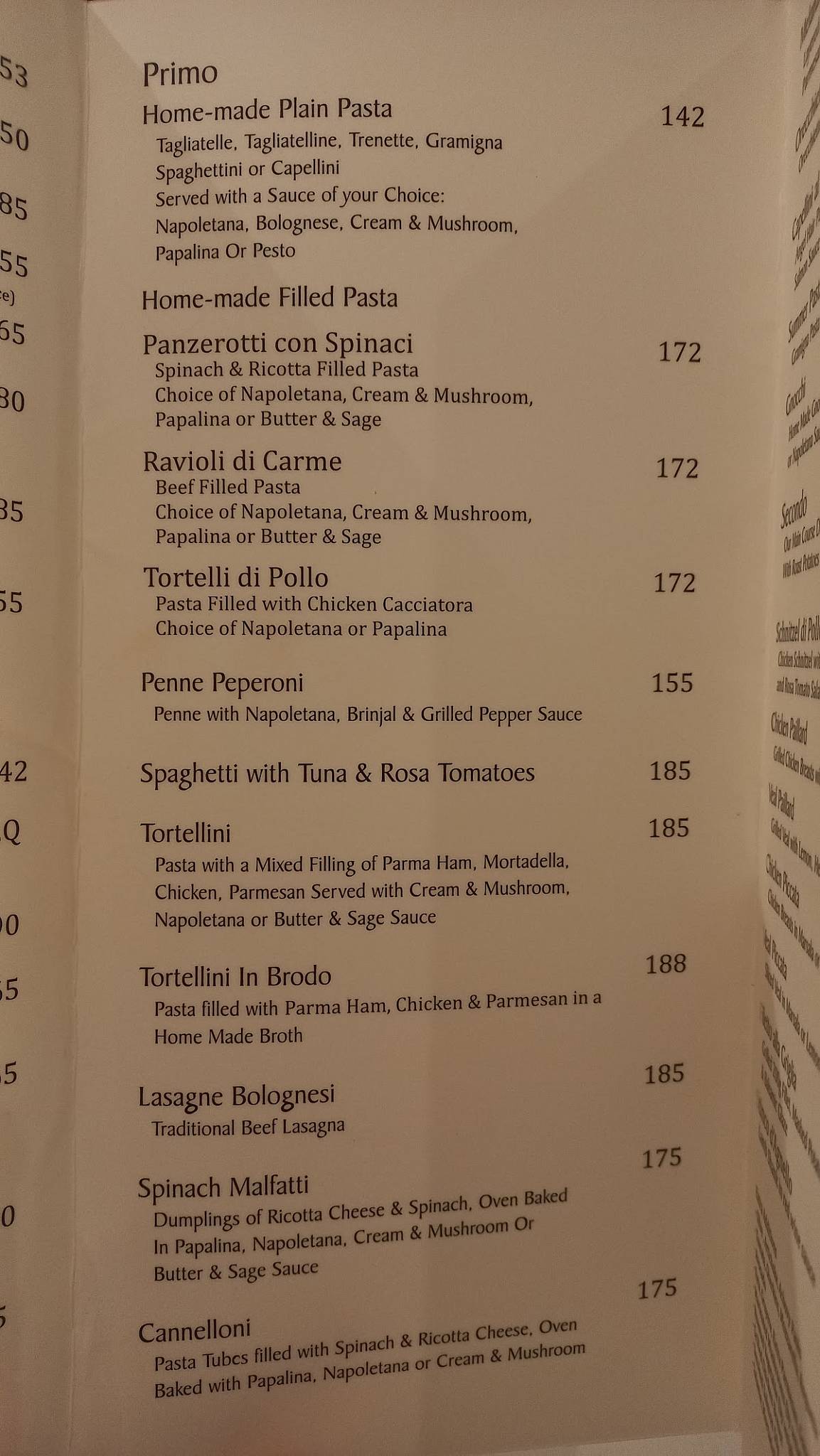 Menu at Tortellino d'Oro restaurant, Johannesburg, Oaklands Shopping Centre