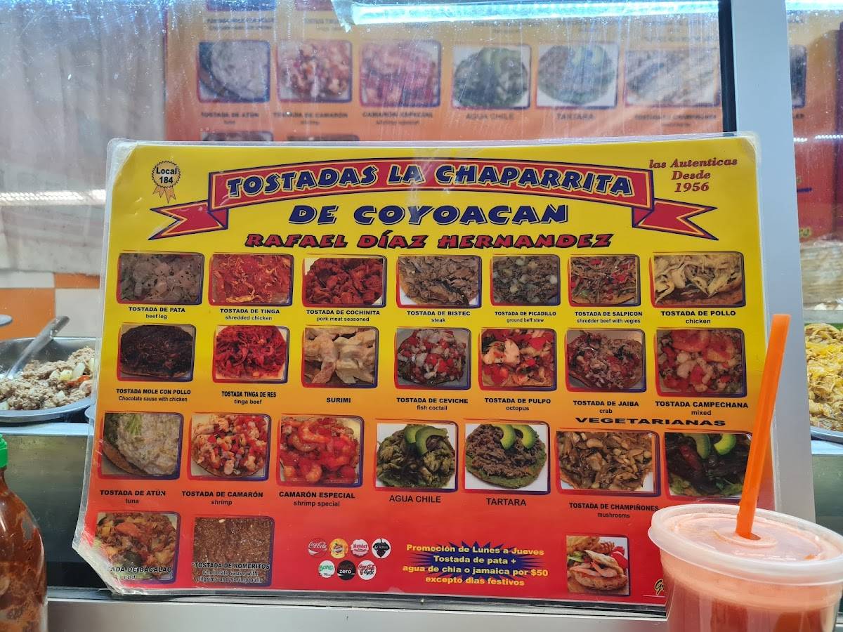 Menu at Tostadas restaurant, Mexico City, Mercado de Coyoacán