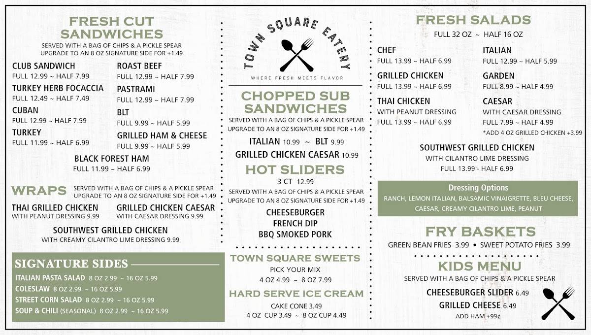 Menu at Town Square Eatery restaurant, Colorado City