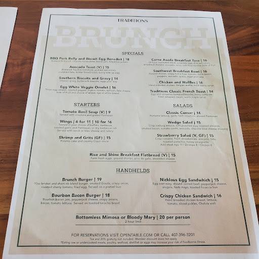 Menu at Traditions Restaurant, Poinciana