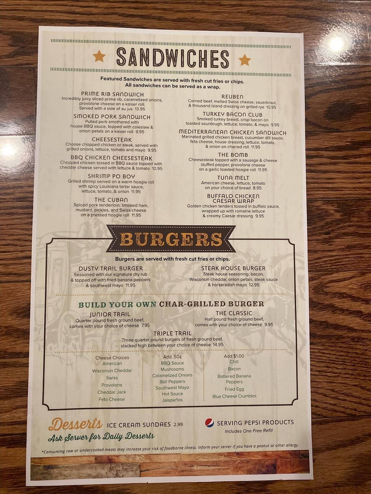 Menu at Trail Inn restaurant, Williamsport, Lycoming Creek Rd