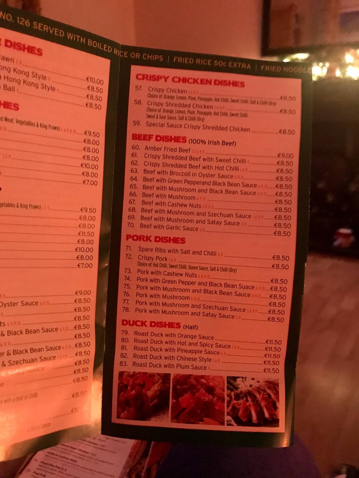 Menu at Ho Kee Chinese restaurant, Tralee