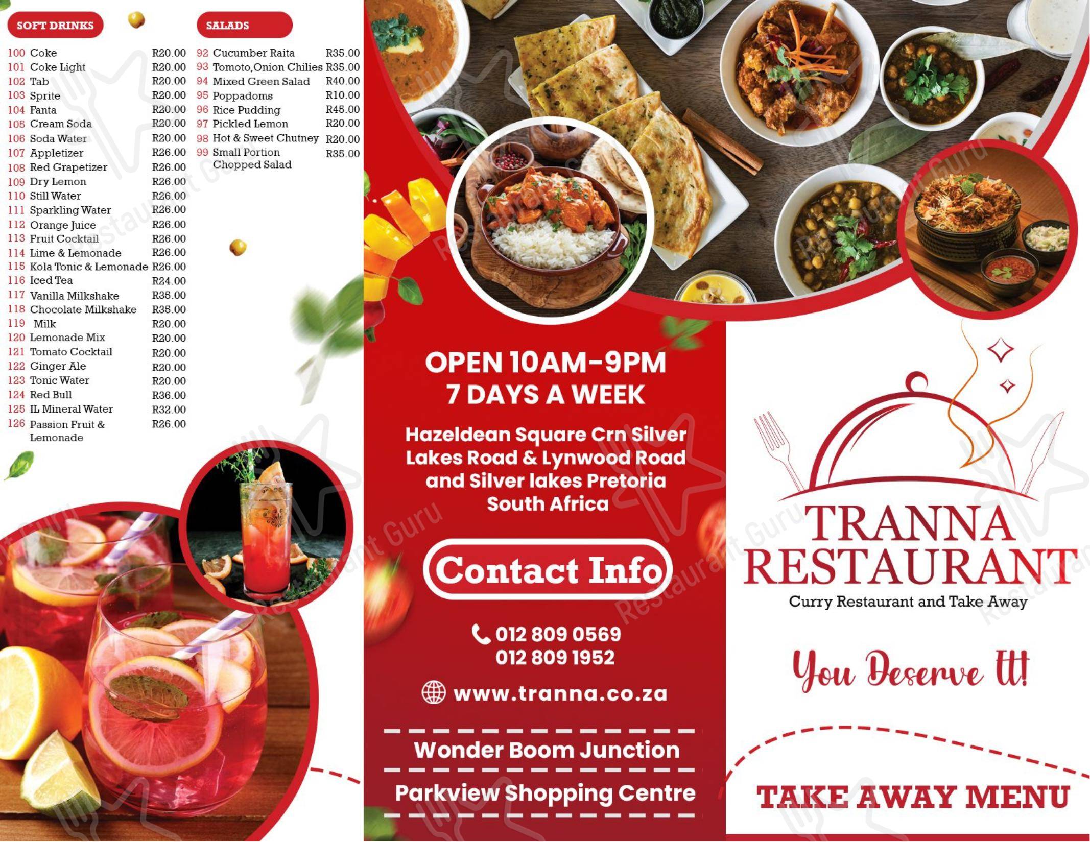 Menu at Tranna restaurant, Pretoria, Shop FF04