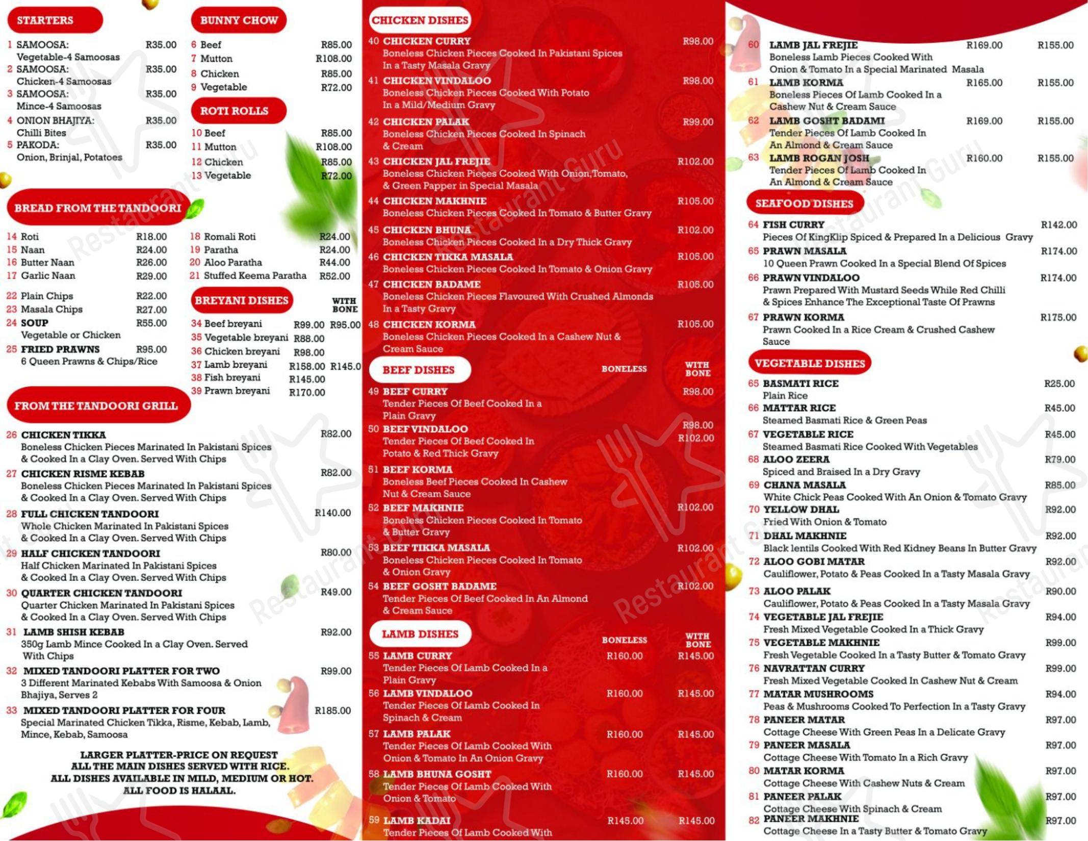 Menu at Tranna restaurant, Pretoria, Shop FF04