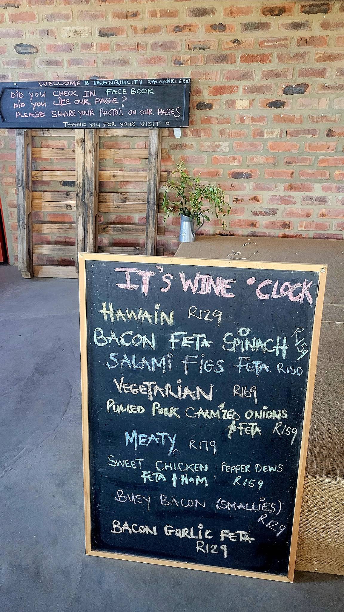 Menu au Tranquility's Kalahari Grill restaurant, Le Cap