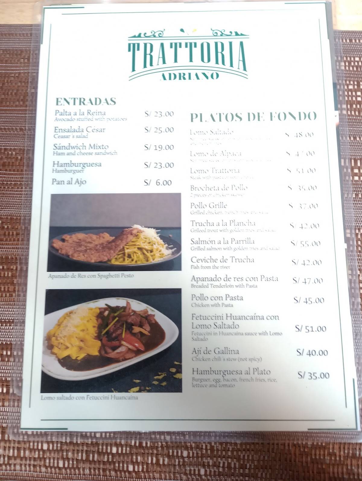 Menu at Trattoria Adriano restaurant, Cusco