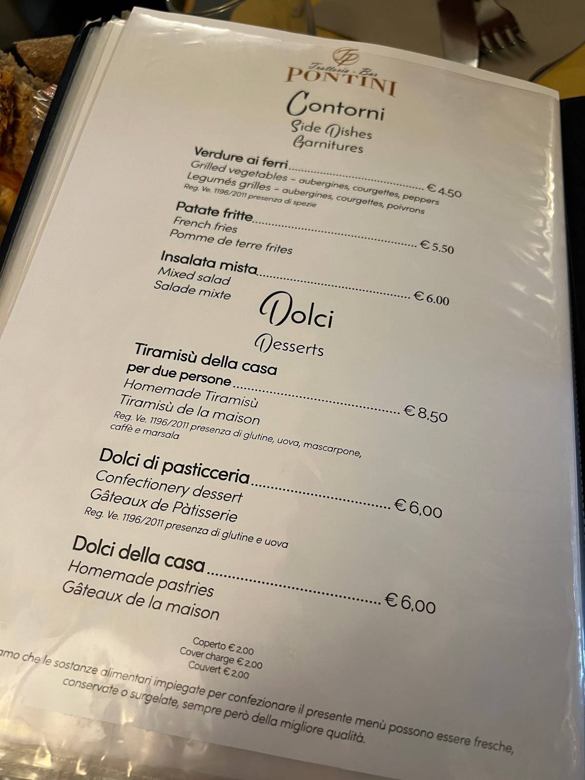 Menu at Trattoria Bar Pontini, Venice, Cannaregio