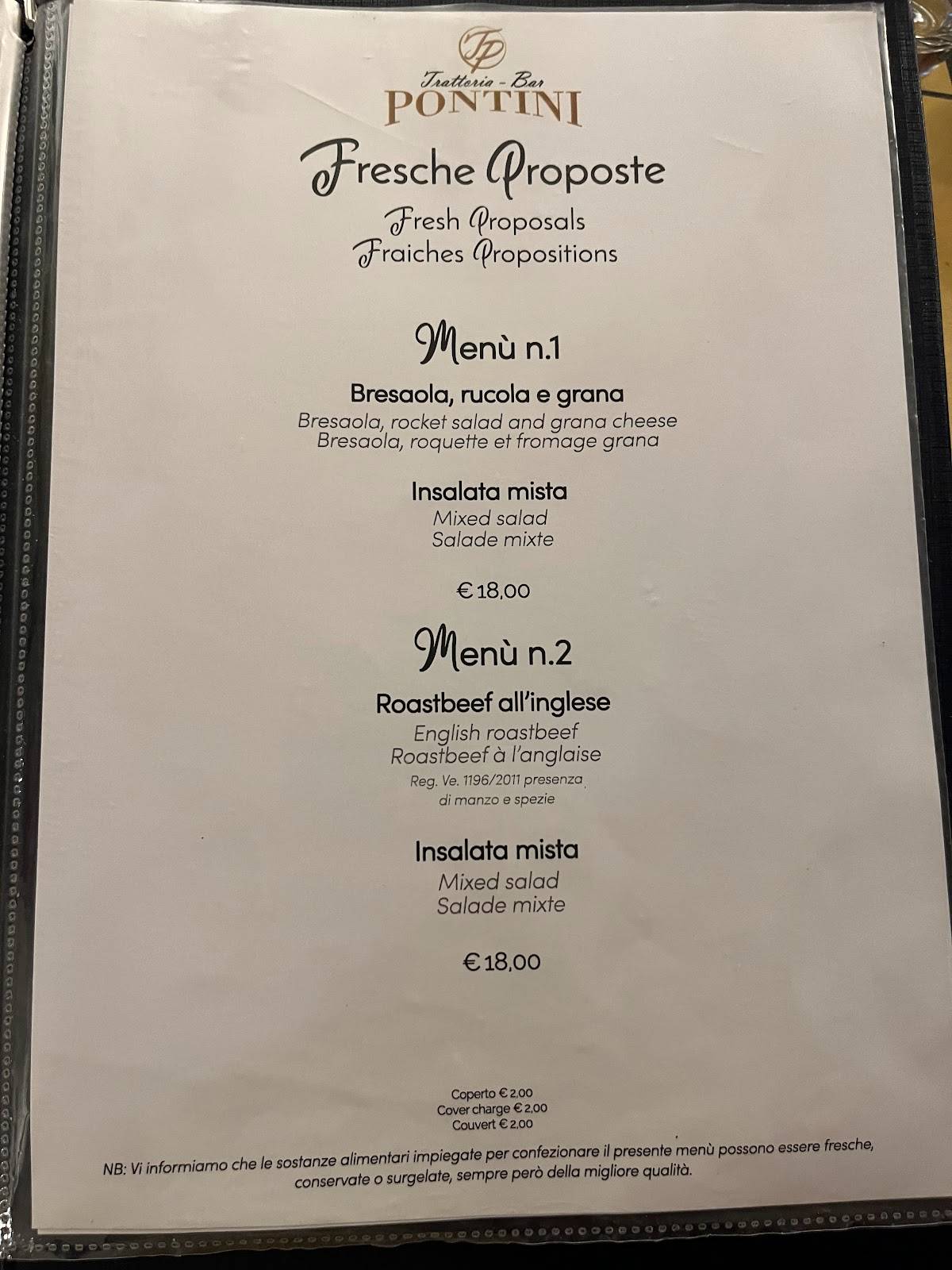 Menu at Trattoria Bar Pontini, Venice, Cannaregio