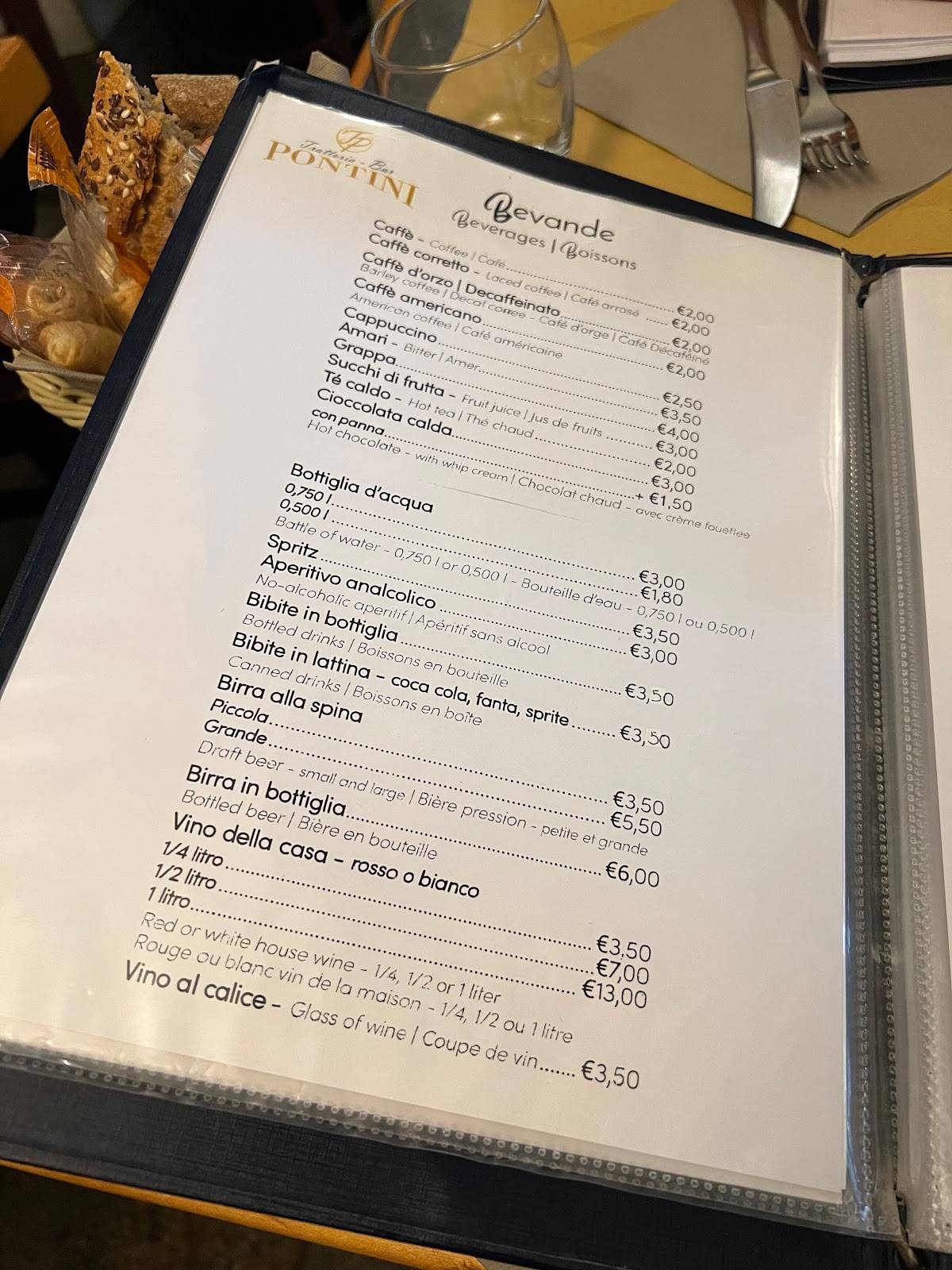 Menu at Trattoria Bar Pontini, Venice, Cannaregio