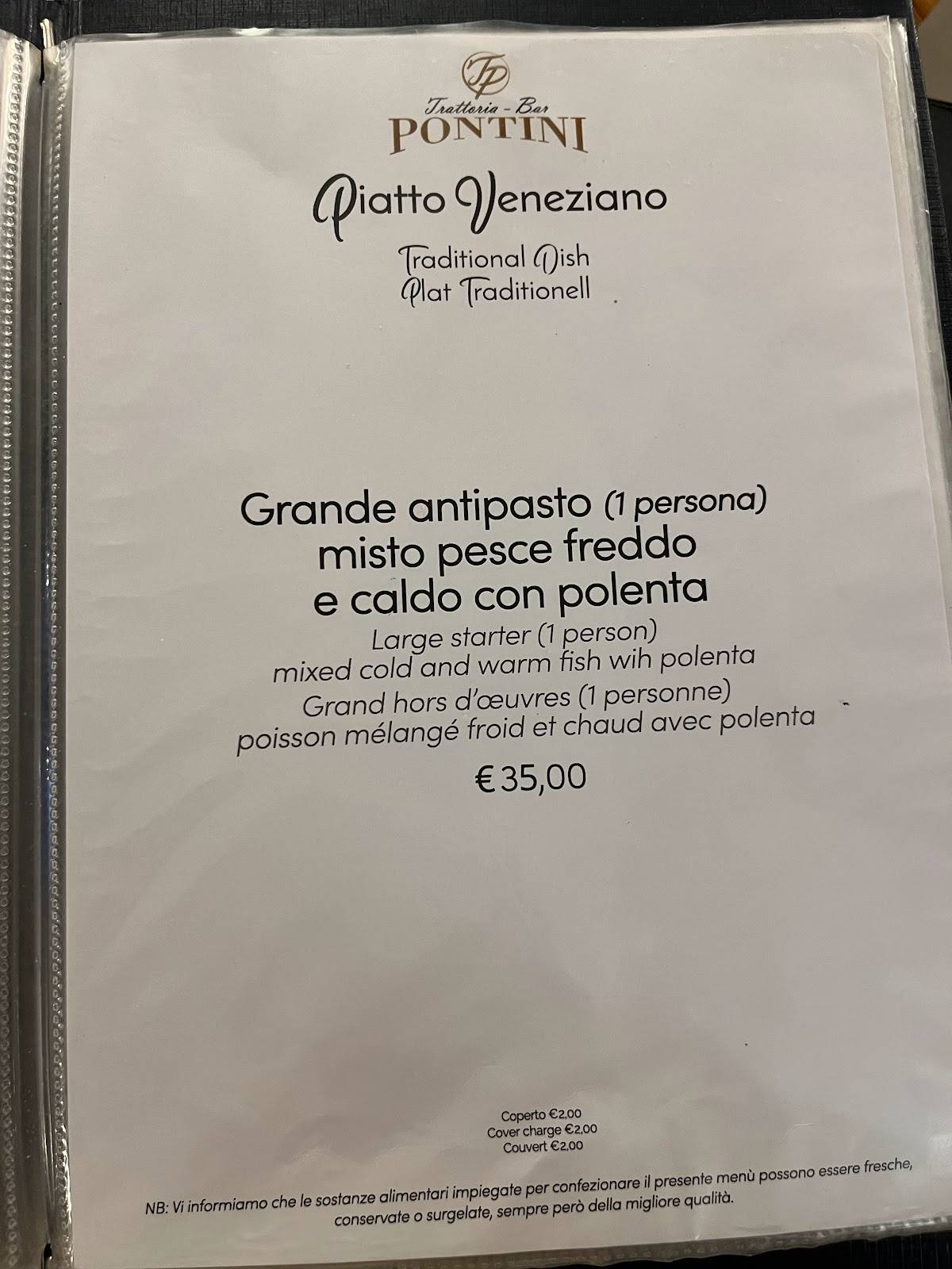 Menu at Trattoria Bar Pontini, Venice, Cannaregio