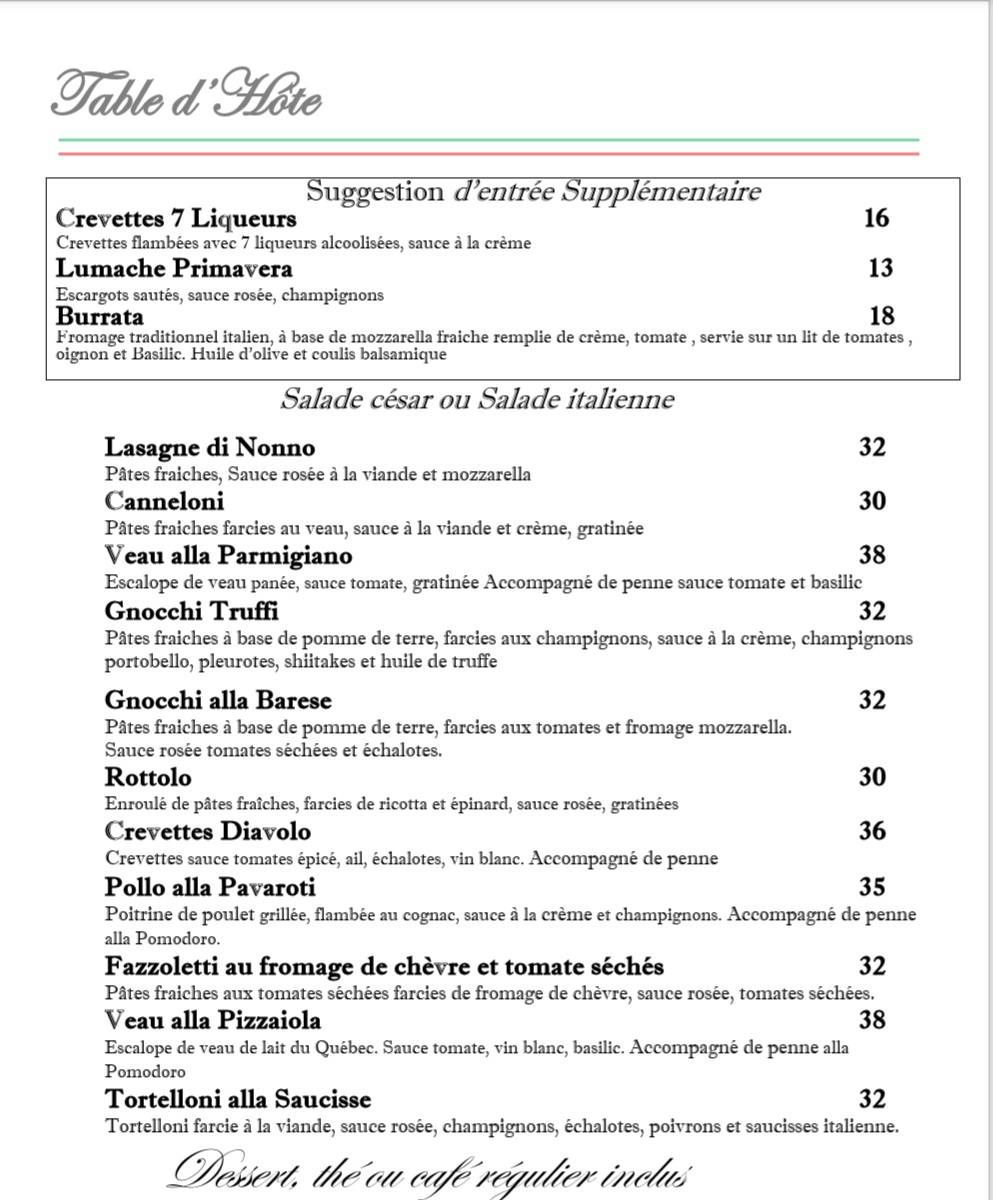 Menu au Trattoria D Amarone restaurant, Terrebonne