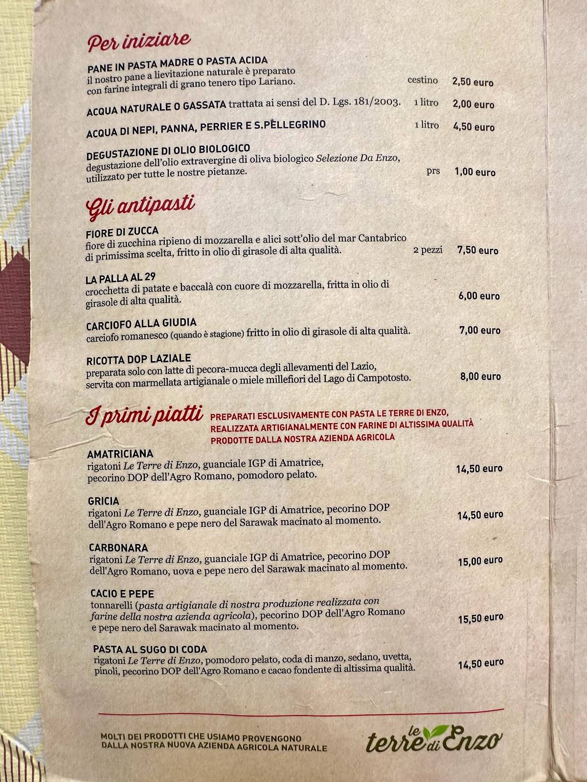 Menu at Trattoria Da Enzo al 29 restaurant, Rome