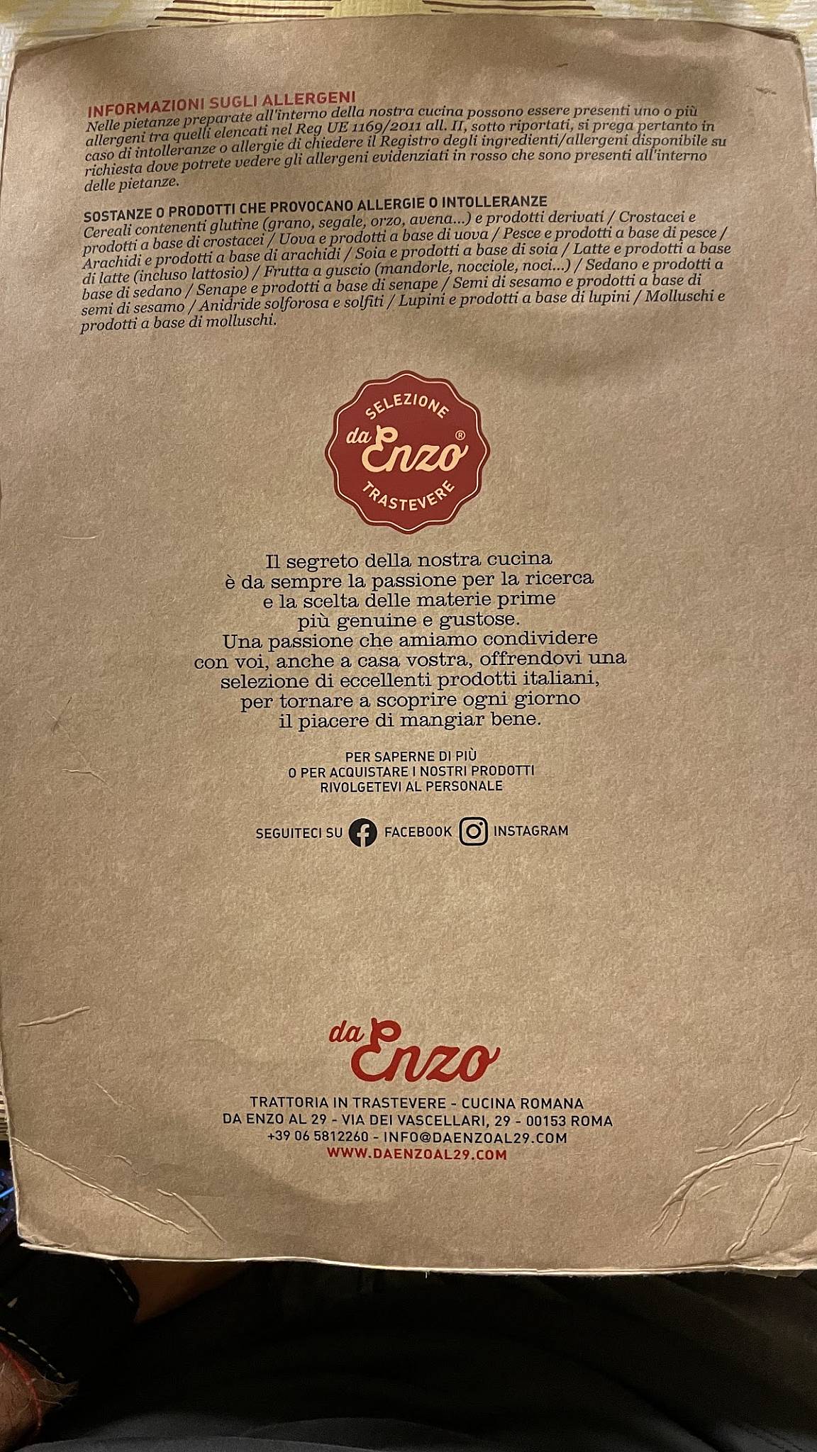 Menu at Trattoria Da Enzo al 29 restaurant, Rome