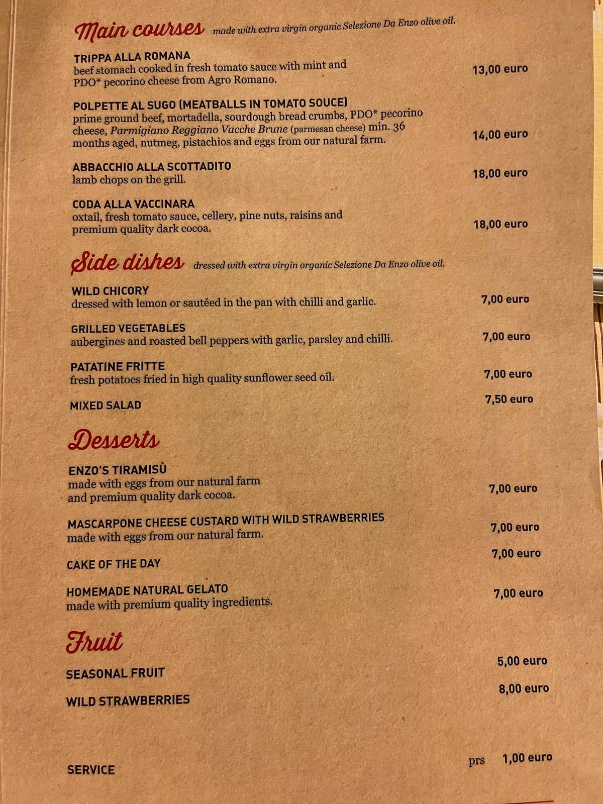 Menu at Trattoria Da Enzo al 29 restaurant, Rome