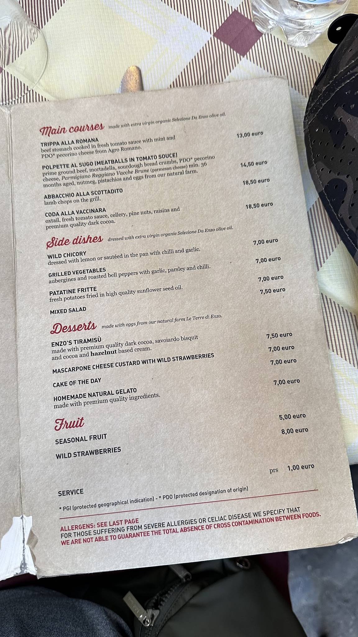 Menu at Trattoria Da Enzo al 29 restaurant, Rome