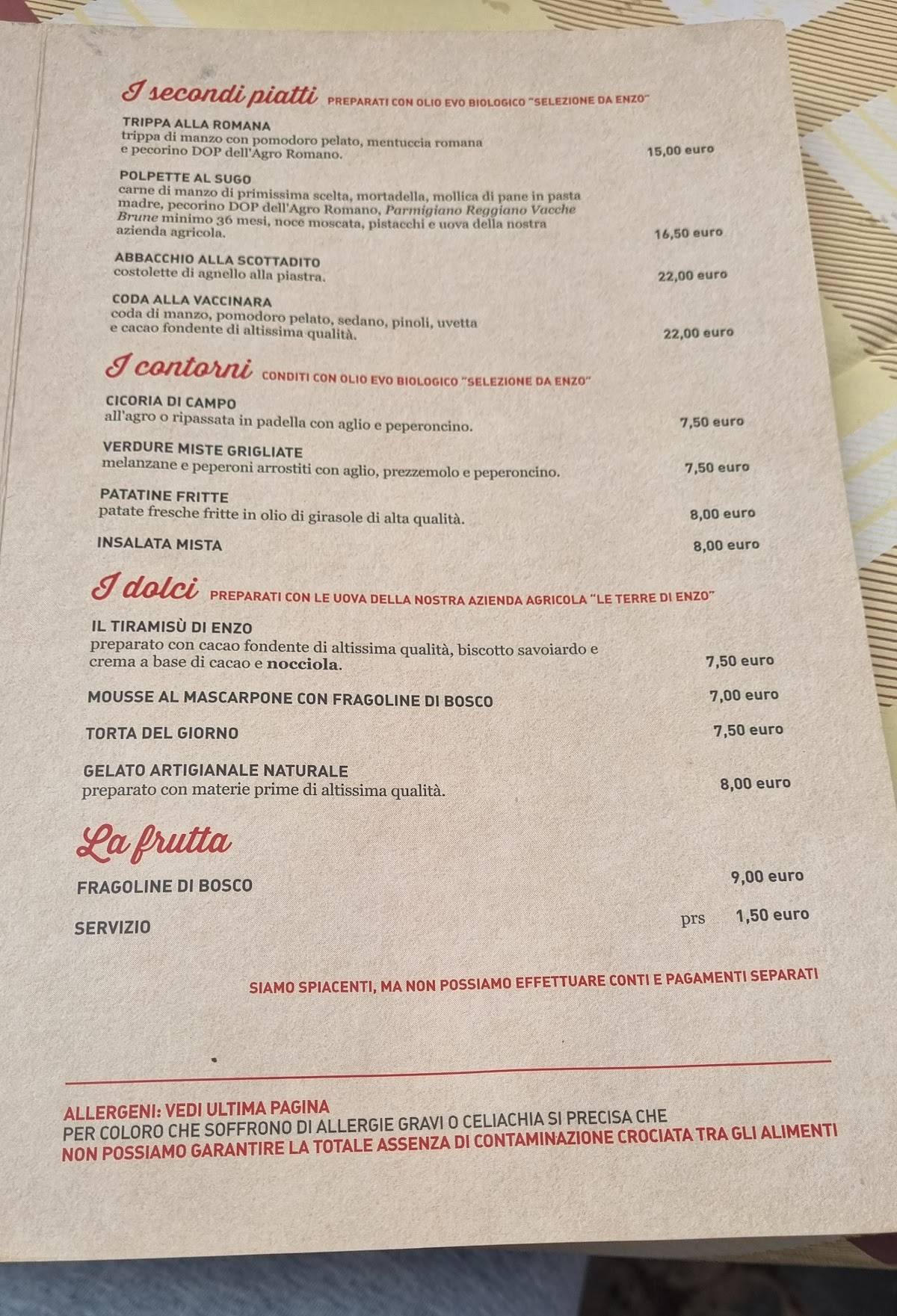 Menu at Trattoria Da Enzo al 29 restaurant, Rome