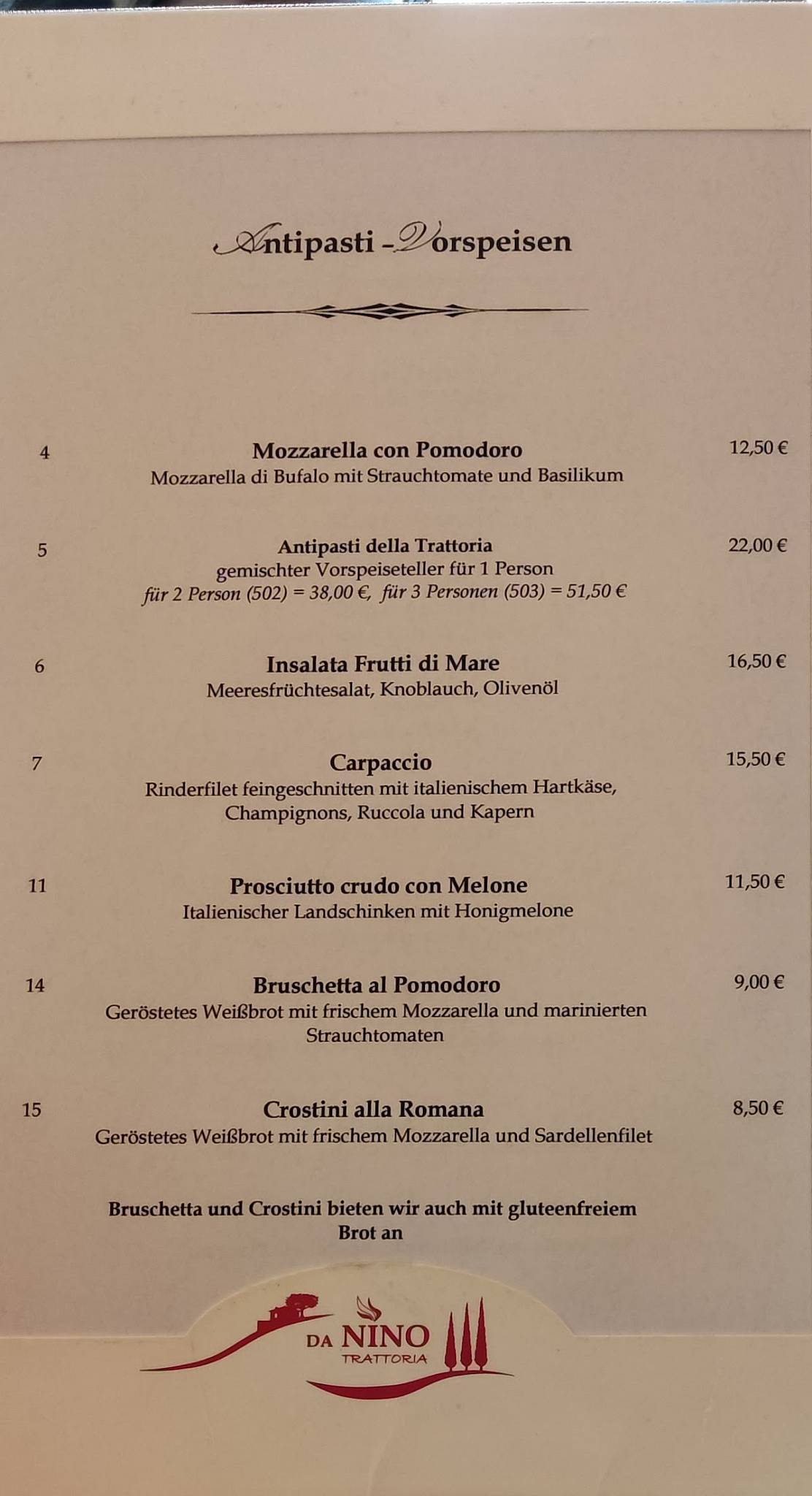 Speisekarte von Trattoria Da Nino restaurant, Chemnitz