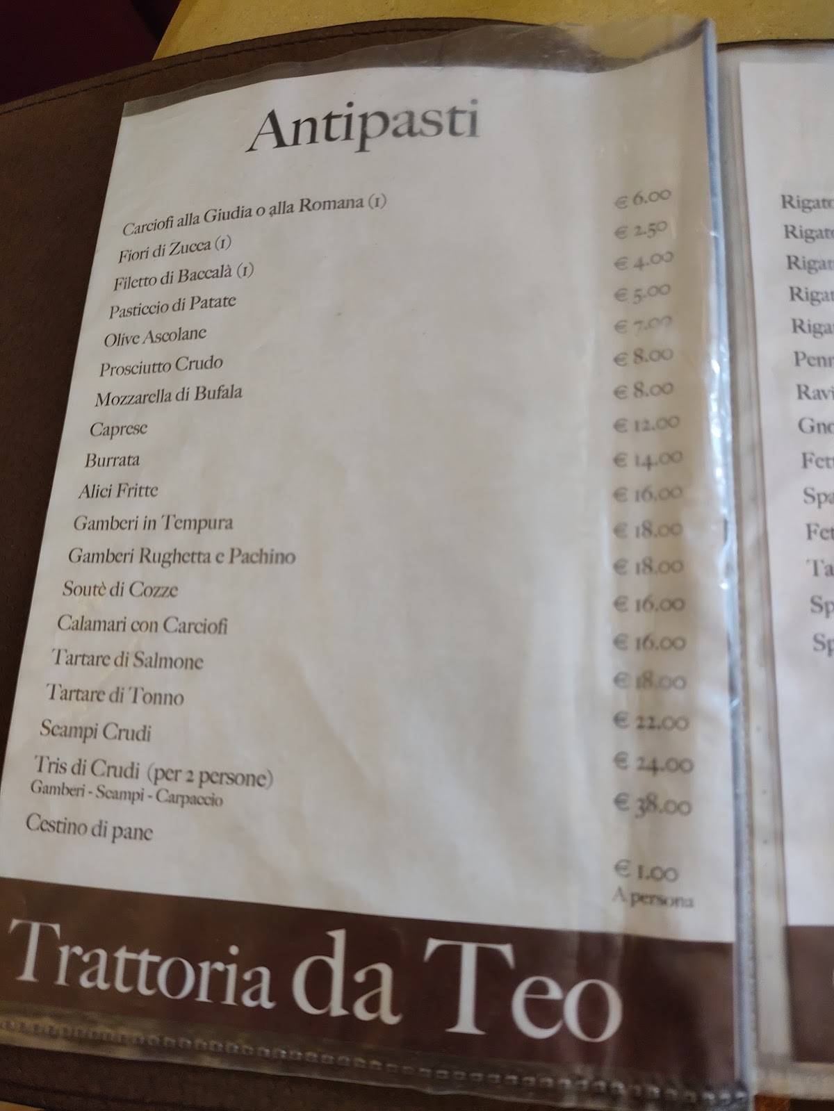 Menu at Trattoria Da Teo restaurant, Rome, Piazza dei Ponziani