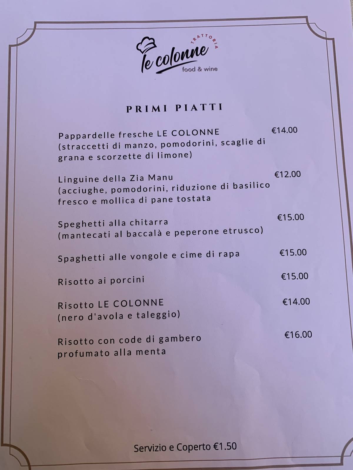 Menu da Trattoria Le Colonne ristorante, Lomazzo