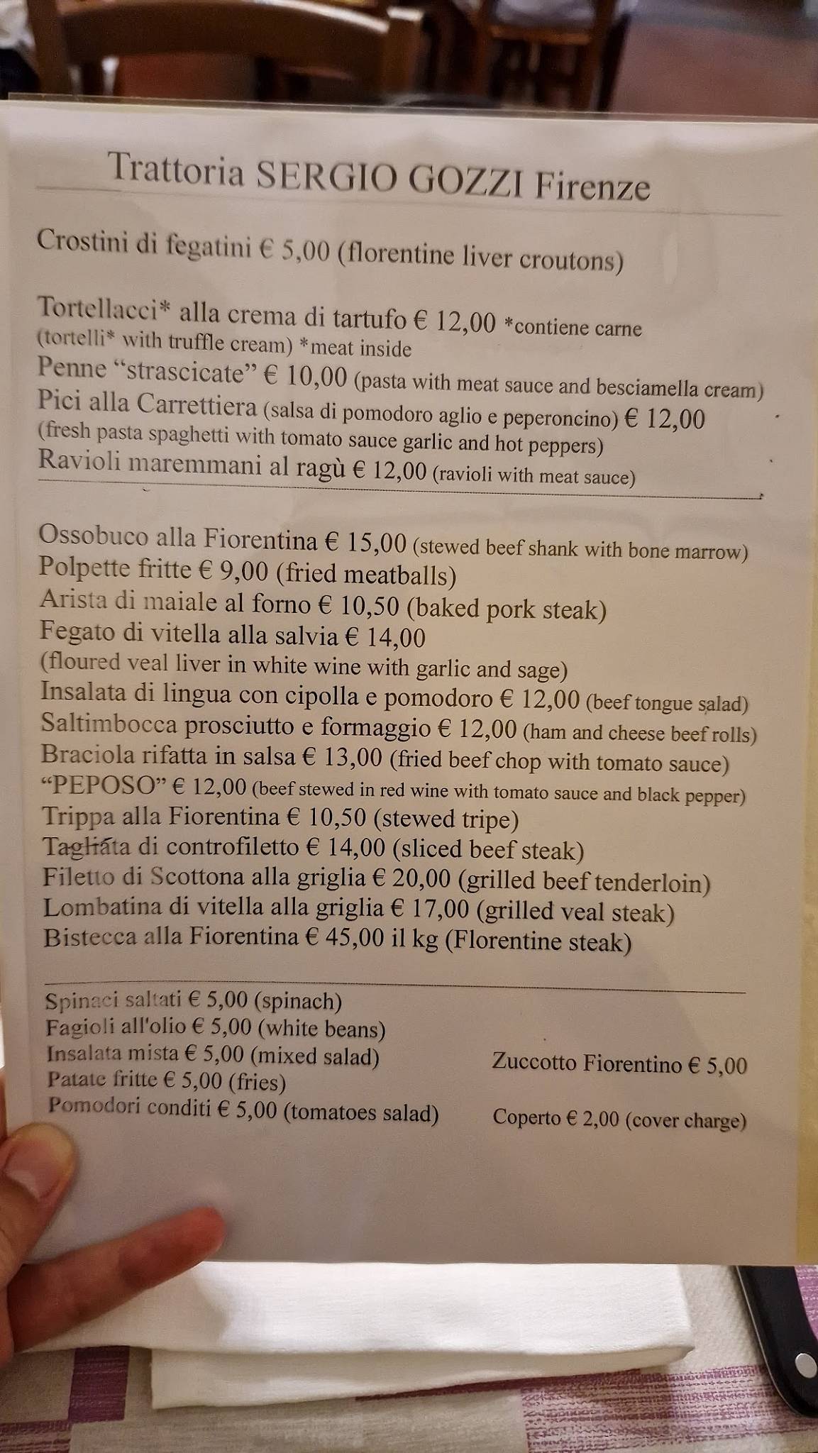 Menu at Trattoria Sergio Gozzi restaurant, Florence