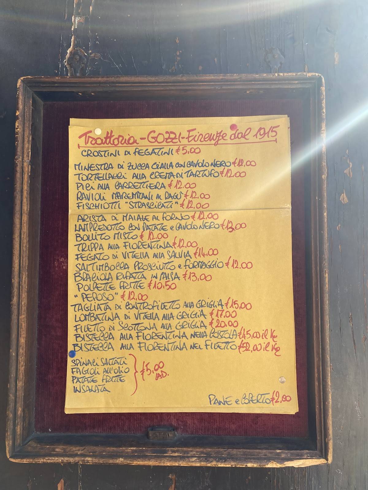 Menu at Trattoria Sergio Gozzi restaurant, Florence