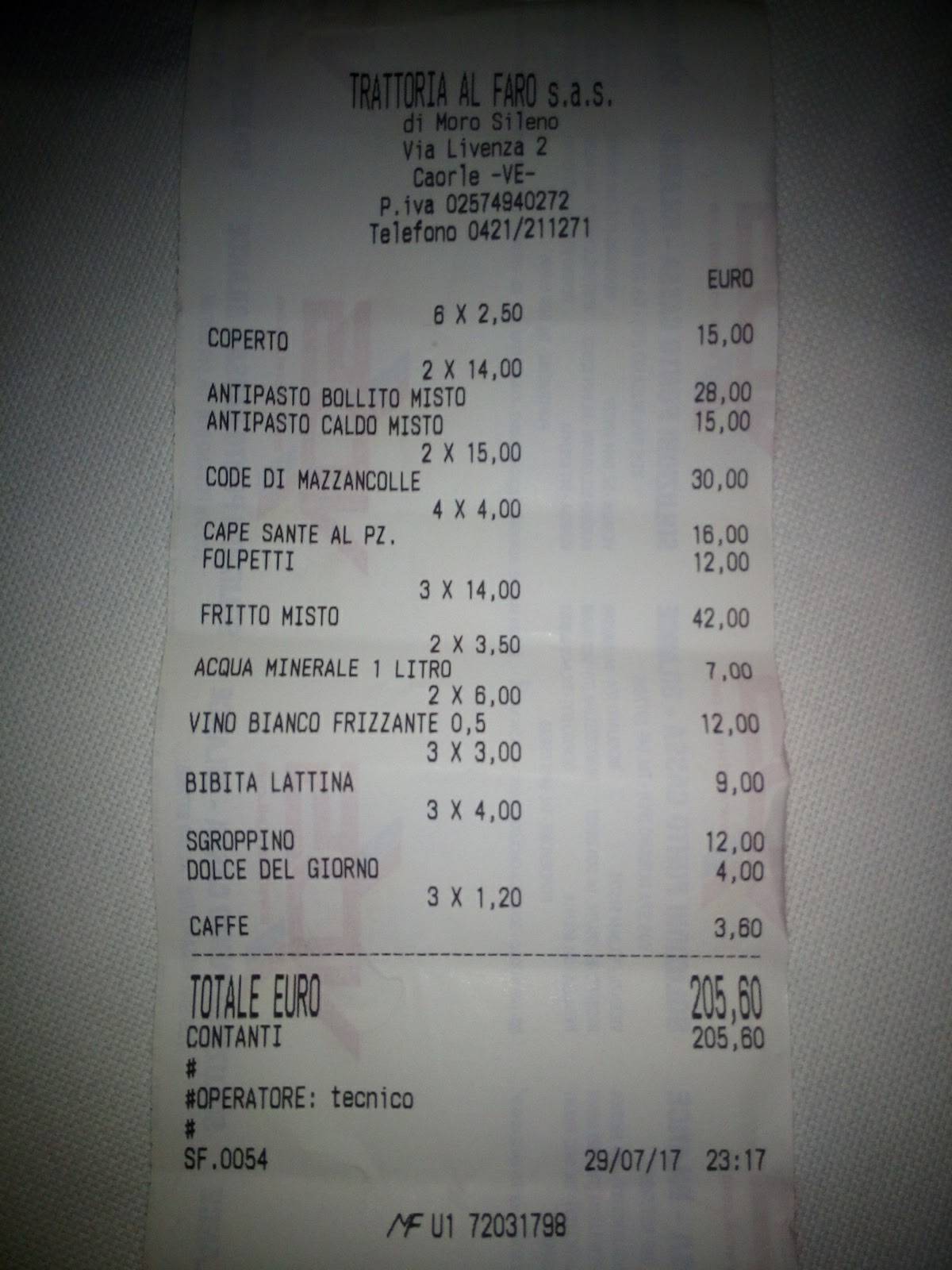 Carta del restaurante Trattoria al Faro, Caorle