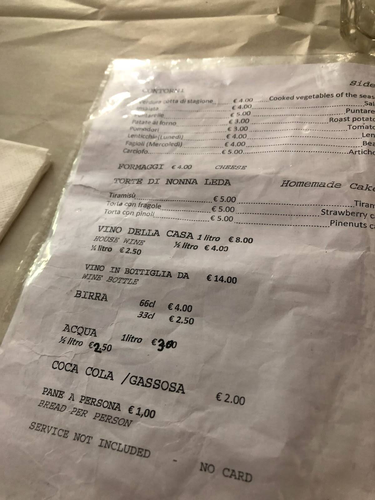 Menu at Trattoria da Augusto restaurant, Rome