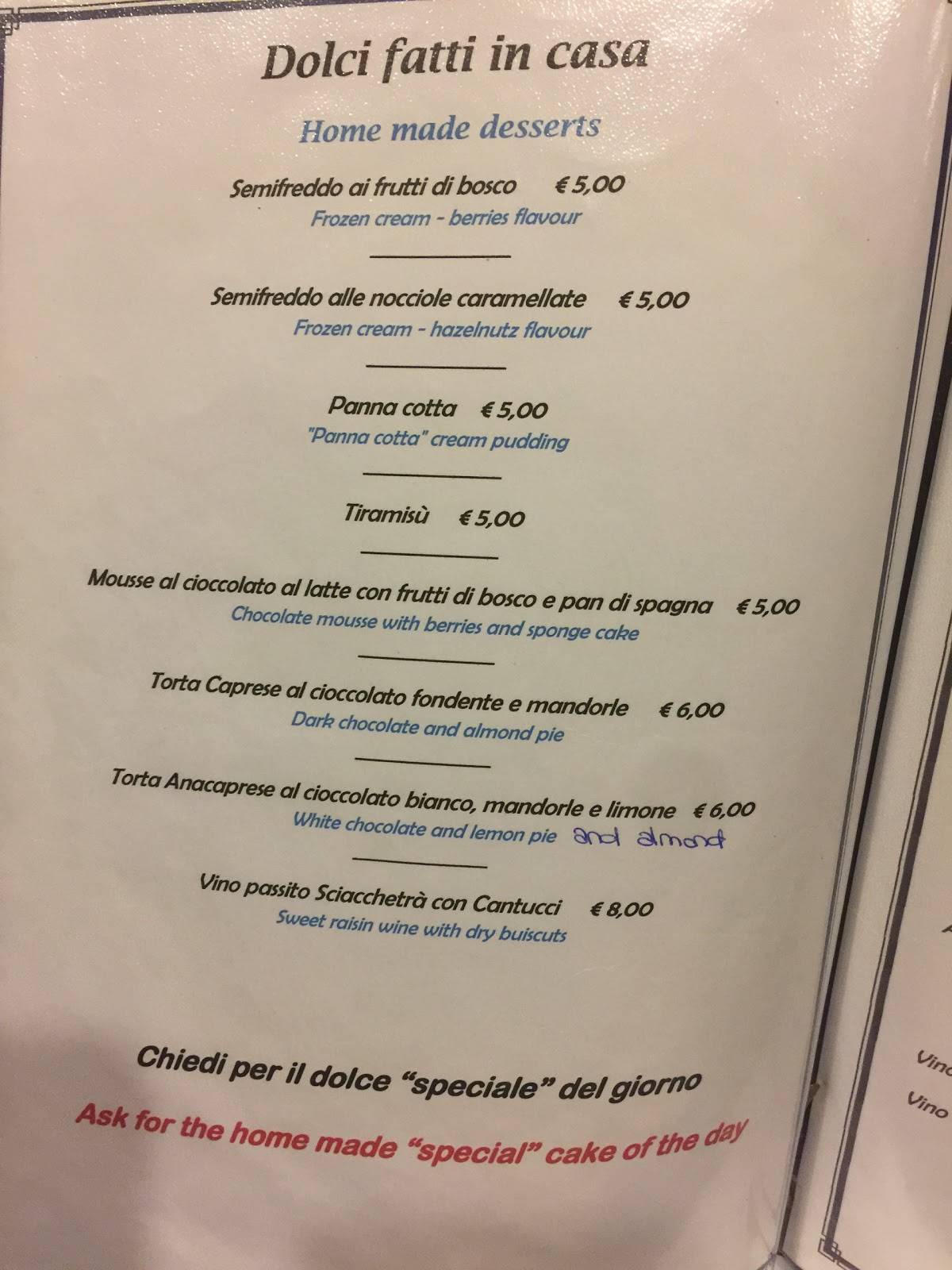 Menu at Trattoria dal Billy restaurant, Manarola